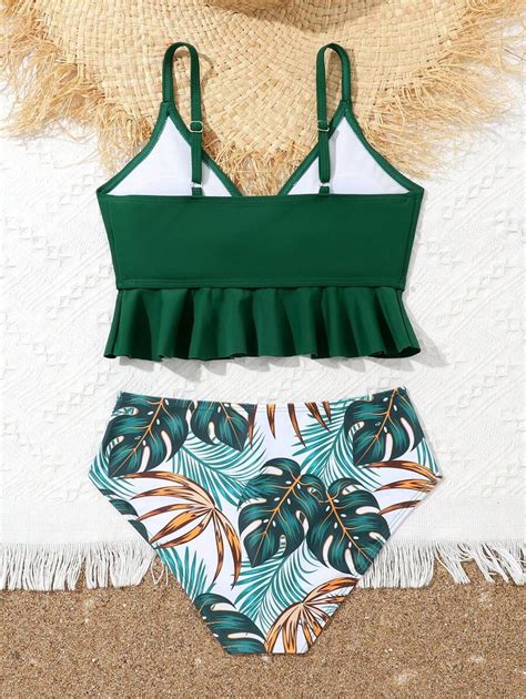 Tween Girls Swimwear Set With Lace Hem Shein Uk