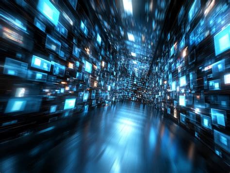 Data Stream Flowing In Cyberspace Tunnel With Digital Screens Premium