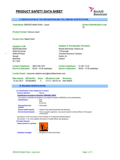Brasso Metal Polish Safety Data Sheet Pdf Safety Occupational