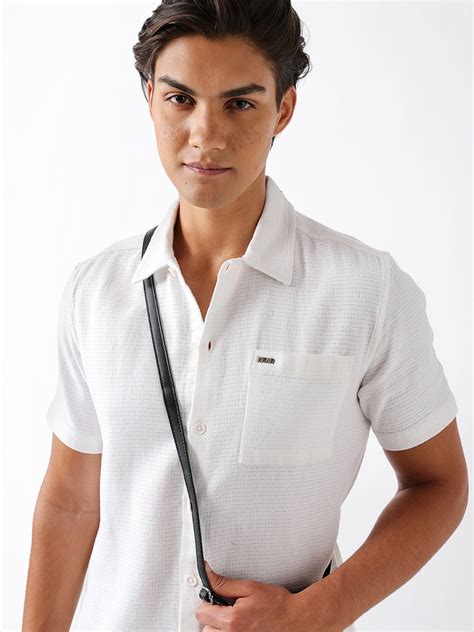 Shop White Textured Weave Regular Fit Half Sleeve Casual Shirt Online