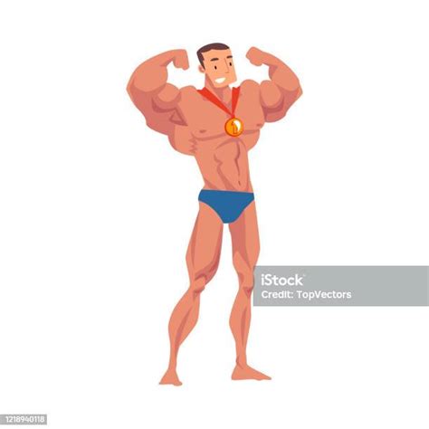 강하고 근육질의 보디 빌더 메달 행복한 남성 선수 그의 승리 벡터 일러스트레이션을 축하하며 포즈를 취합니다 개념에 대한 스톡