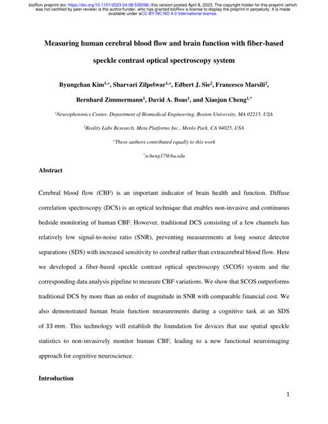 Pdf Measuring Human Cerebral Blood Flow And Brain Function With Fiber