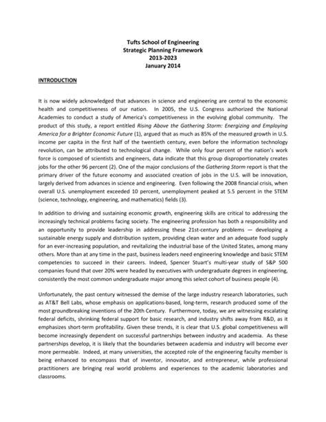 Tufts School Of Engineering Strategic Planning Framework 2013
