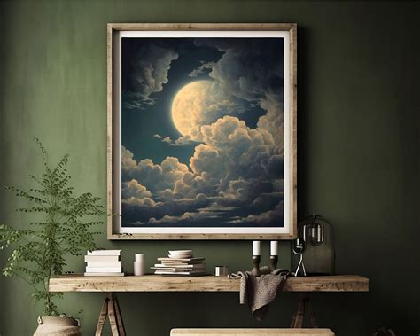 Moon And Clouds Antique Celestial Wall Art Moody Night Sky Painting