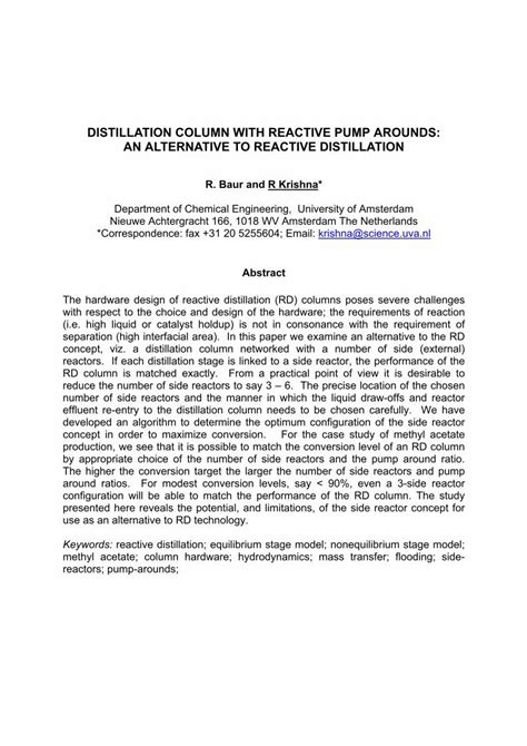 Pdf Distillation Column With Reactive Pump Arounds An · 2010 07 14