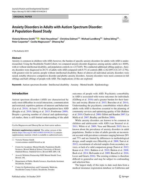 Pdf Anxiety Disorders In Adults With Autism Spectrum Disorder A