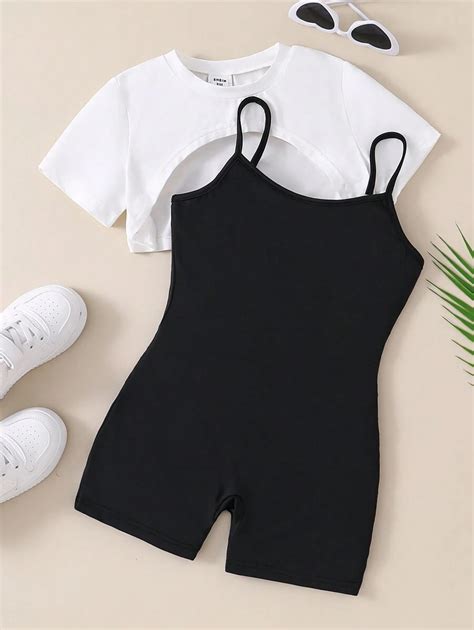 Shein Tween Girl White Cropped T Shirt And Black Suspender Jumpsuit
