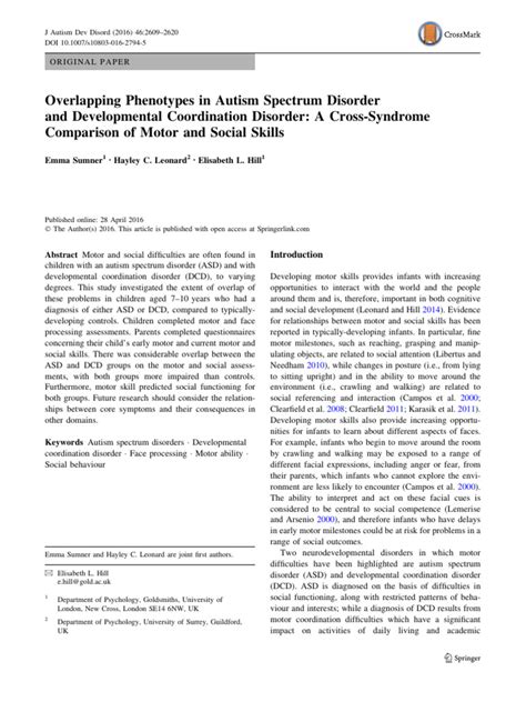 Sumner E Overlapping Phenotypes In Autism Spectrum Disorder And Developmental Coordination Pdf