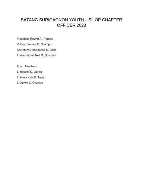 Batang Surigaonon Youth Silop Chapter Officers Pdf