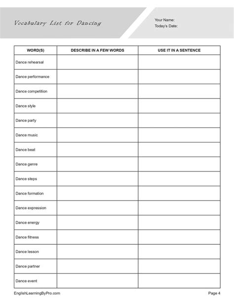 Vocabulary For Dancing Practice Worksheet Editable Fillable