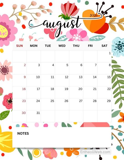 Floral 2026 Monthly Printable Calendars Entheosweb