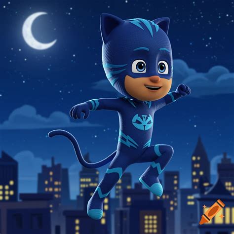 Connor From Pj Masks In His Blue Cat Suit Jumping Over A City At Night