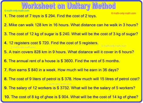 Worksheet On Unitary Method Unitary Method Word Problems Answers