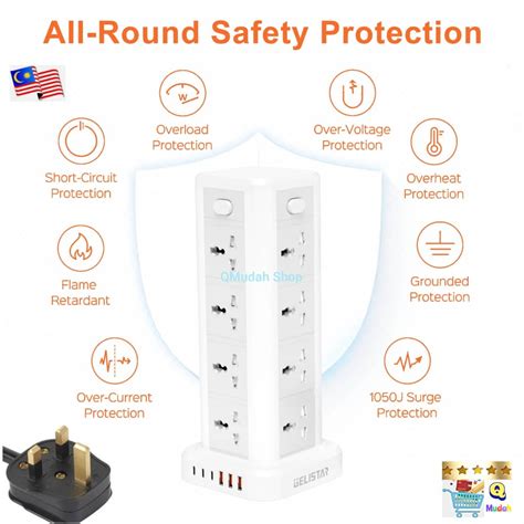 5m Wire Space Saving Universal Tower Extension Socket Plug Dual Type C Usb Port With Surge