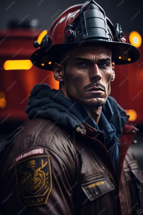 Premium Ai Image Firefighter Man With Fire In Background Generative Ai