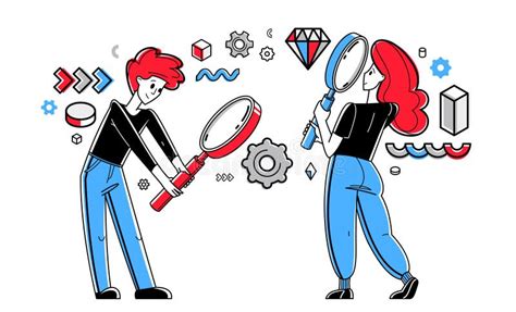 Young People Making Some Inquiry And Collecting Data For Analysis Vector Outline Illustration