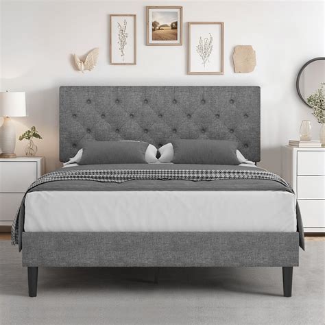 Hombck Full Bed Frame With Headboard Linen Fabric