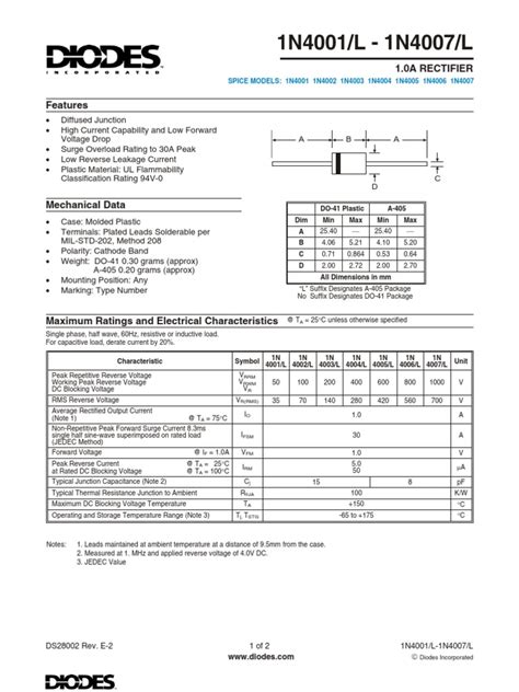 1n4001 Diode Datasheet Overview Pdf Rectifier Capacitor