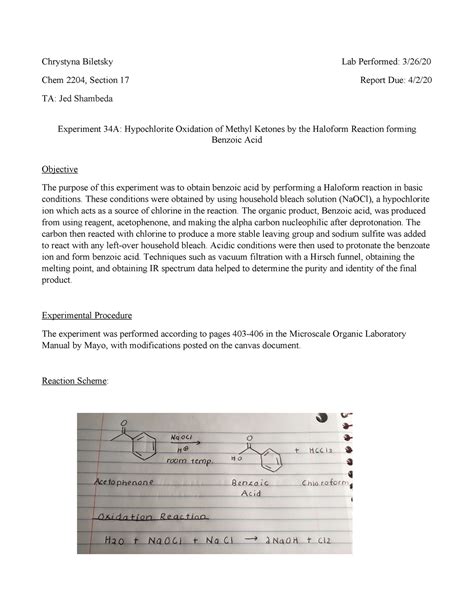Experiment 34a Hypochlorite Oxidation Of Methyl Ketones By The Haloform Reaction Forming