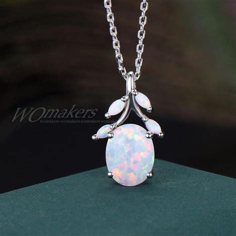 2ct Oval White Opal Pendant Necklace Silver Nature Inspired Branch Twig