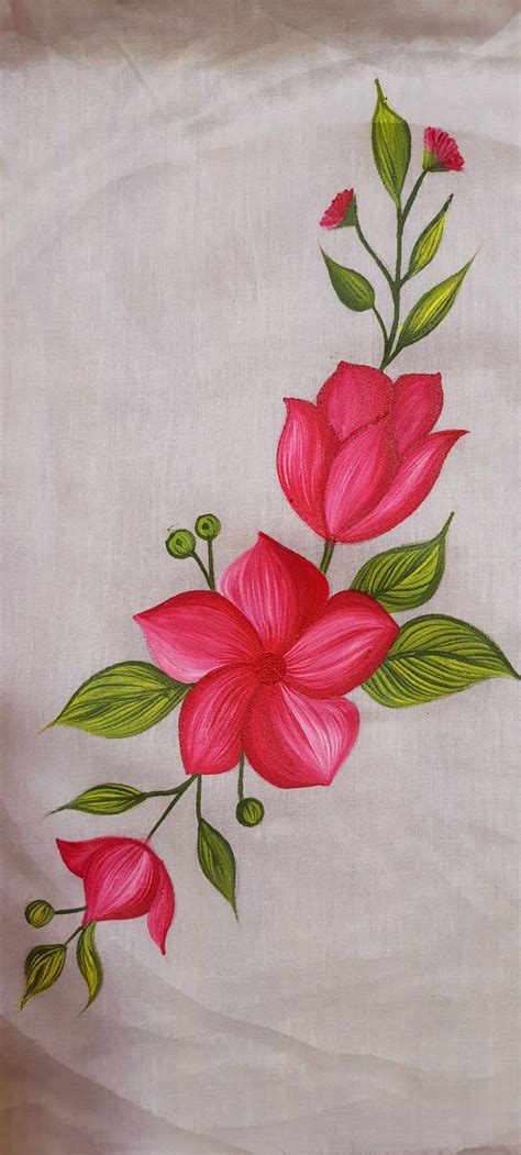 Hand Painted Pink Flowers On White Cloth Flower Fabric Painting
