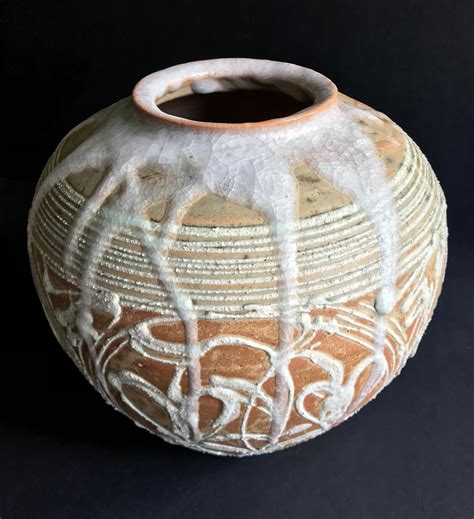 Japanese Ceramic Pot Possibly Mashiko With Dripped Crackle Glaze 1970s
