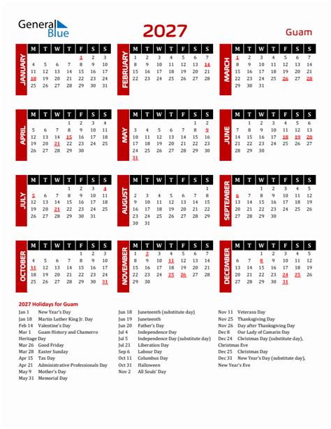 2027 Guam Calendar With Holidays