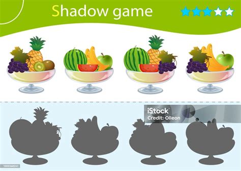 아이들을위한 그림자 게임 올바른 그림자를 일치시다 과일과 열매를 곁들인 화병 포도 사과 키위 수박 바나나 파인애플 어린이를 위한 워크시트 벡터 디자인입니다 0명에 대한 스톡