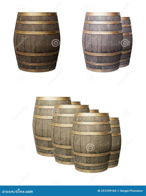 Assorted Oak Barrels Brown And Gray Set On Isolated Background Stock