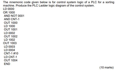 Solved The Mnemonic Code Given Below Is For Control System