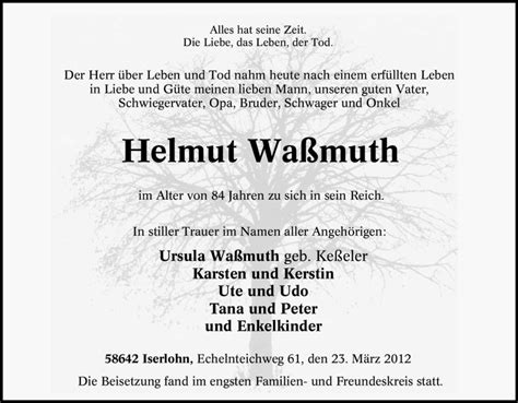 Traueranzeigen Von Helmut Waßmuth Trauer In Nrw De
