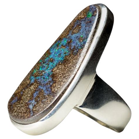 Big Boulder Opal Silver Ring Chunky Cabochon Turquoise Blue Brown
