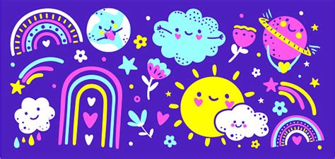 귀여운 하늘 스티커 친절한 평화로운 캐릭터의 생생한 손으로 그린 컬렉션 지구 행성 행복한 낙서 태양 재미있는 구름 다채로운 무지개 꽃과 별 아기 그림입니다 밝은 벡터 요소