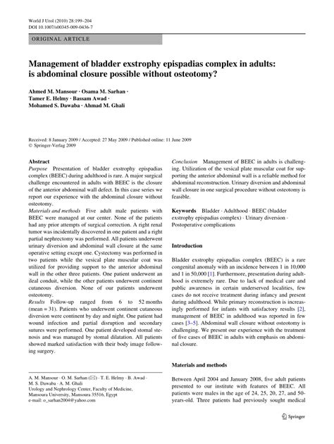 Pdf Management Of Bladder Exstrophy Epispadias Complex In Adults Is