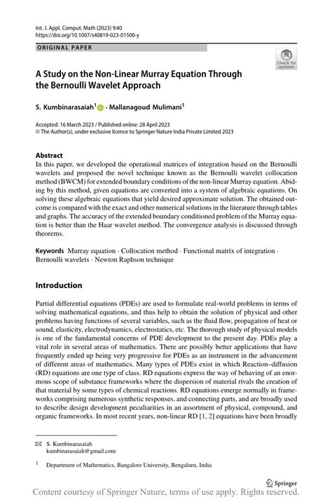A Study On The Non Linear Murray Equation Through The Bernoulli Wavelet Approach Request PDF