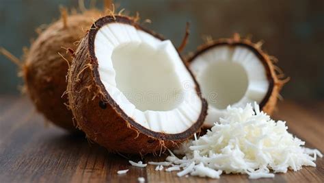 Fresh Coconut Sliced Open White Flesh Fibrous Shell Shredded Coconut