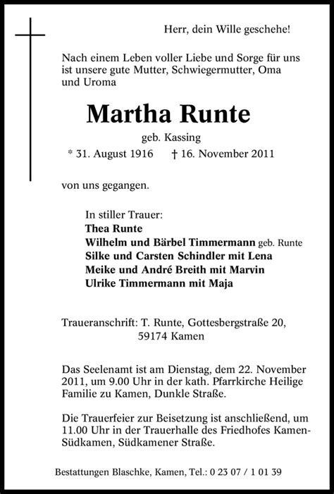 Traueranzeigen Von Martha Runte Trauer In Nrwde