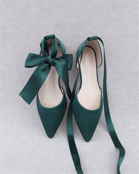 Hunter Green Satin Pointy Toe Flats With Satin Ankle Tie Or Ballerina
