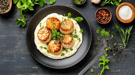 Seared Scallops Plated On Creamy Puree Garnished With Herbs And Spices