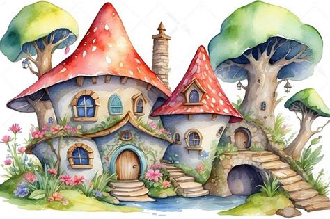 La Maison Des Fées à Laquarelle Fantasy Clipart Photo Premium