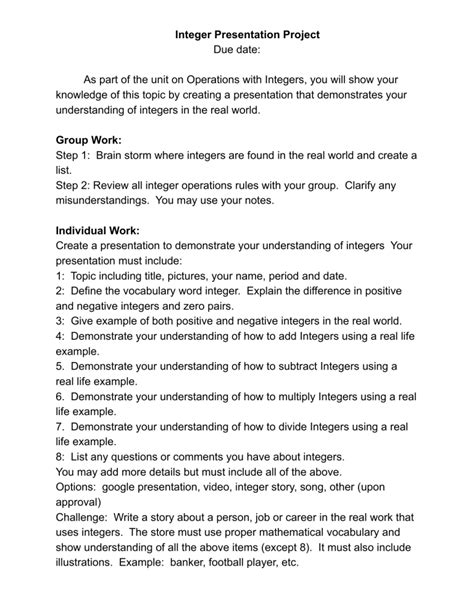 Integer Presentation Project Real World Math