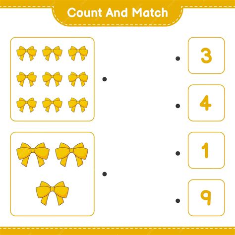 리본의 수를 세고 일치시키고 올바른 숫자와 일치 교육용 어린이 게임 인쇄용 워크 시트 벡터 일러스트 레이션 프리미엄 벡터