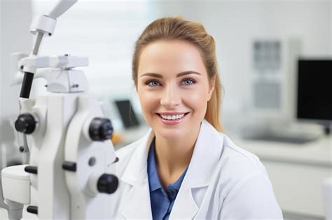 Woman Optician In A Laboratory Looking And Smiling At The Camera