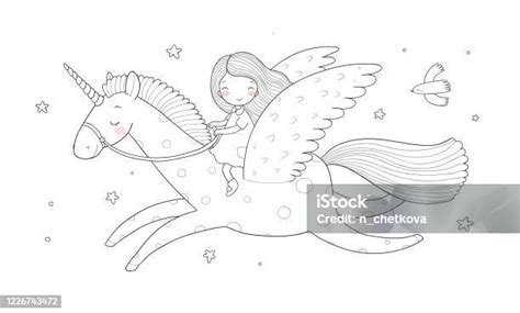 Gadis Kartun Lucu Terbang Dengan Pegasus Putri Dan Unicorn Ilustrasi