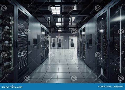 High Tech Data Center With Intricate Server Racks And Massive Amounts Of Data Storage Stock