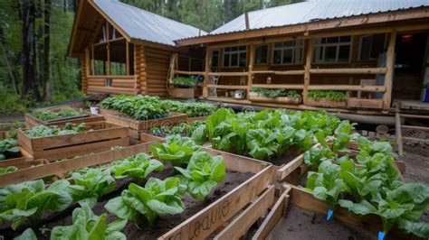 Rustic Cabin Garden With Lush Vegetable Planters In A Forest Setting