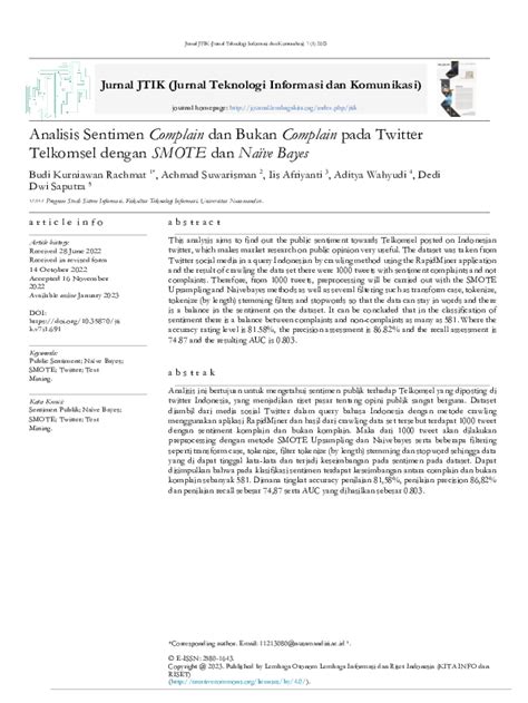 Pdf Analisis Sentimen Complain Dan Bukan Complain Pada Twitter Telkomsel Dengan Smote Dan