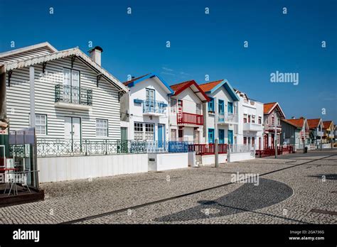 Costa Nova Portugal Colorful Striped Houses Called Palheiros With Red