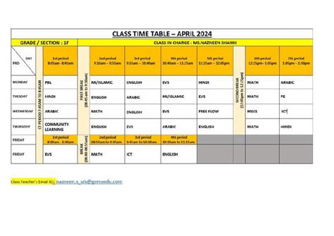 1f Class Time Table Updated Pdf
