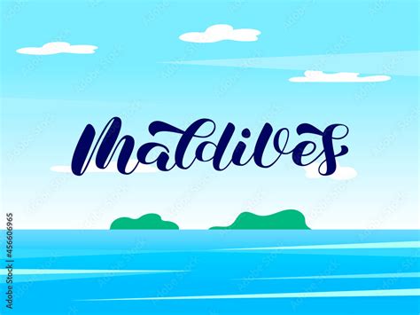 Maldives Brush Lettering On Sea Background Greeting Card With Flat